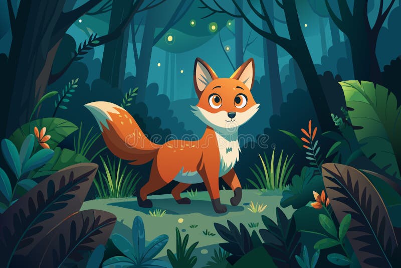 A Cartoon Fox is Walking through a Forest at Night Stock Illustration ...