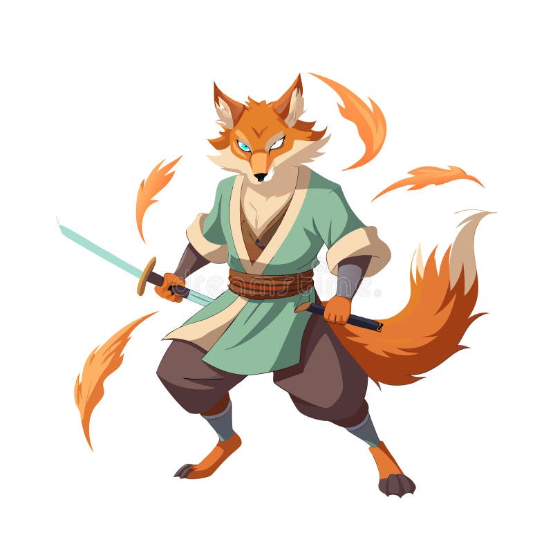 Fox Warrior with Sword and Fire, Animal Character, Cartoon Illustration ...