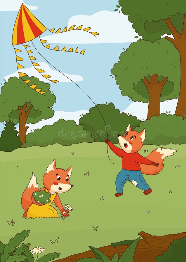Cartoon Foxes Playing in the Forest Glade Stock Vector - Illustration ...