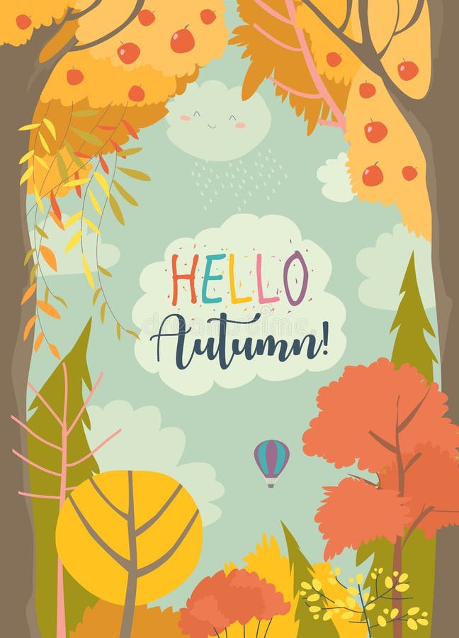 Cartoon Frame with Autumn Forest. Hello Autumn Stock Vector ...