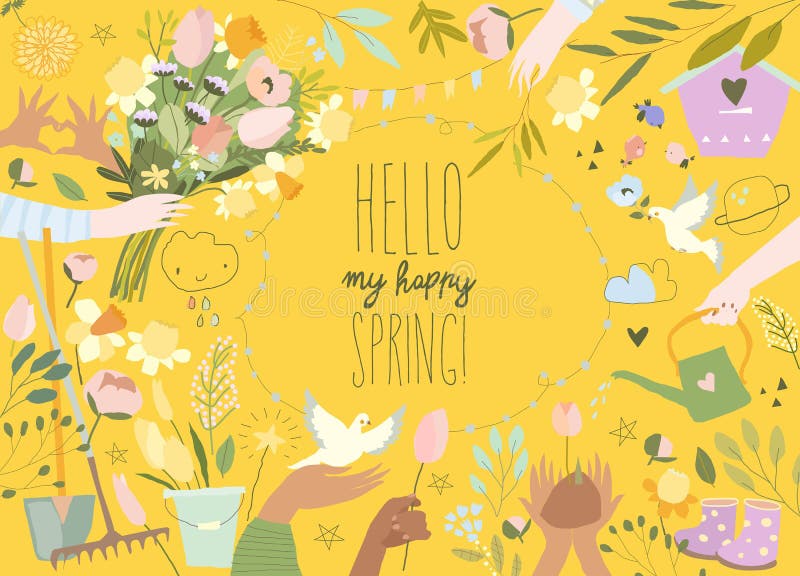 Cartoon Frame with Hands and Bouquets of Spring Flowers Stock Vector ...