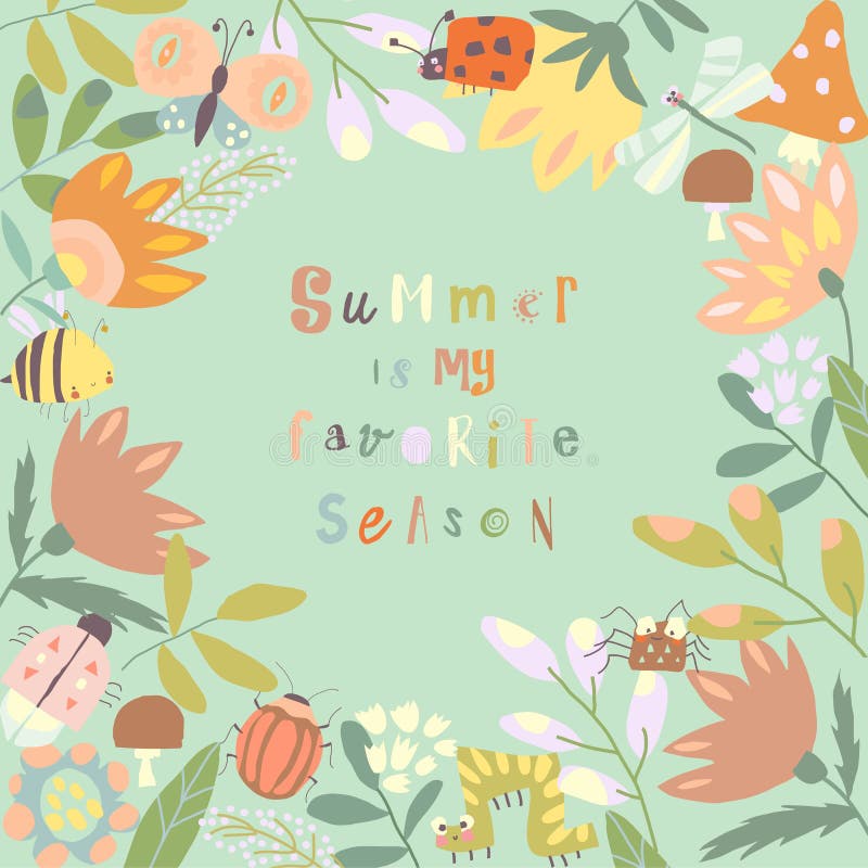 Cartoon Frame with Insects, Summer Flowers and Leaves Stock Vector ...