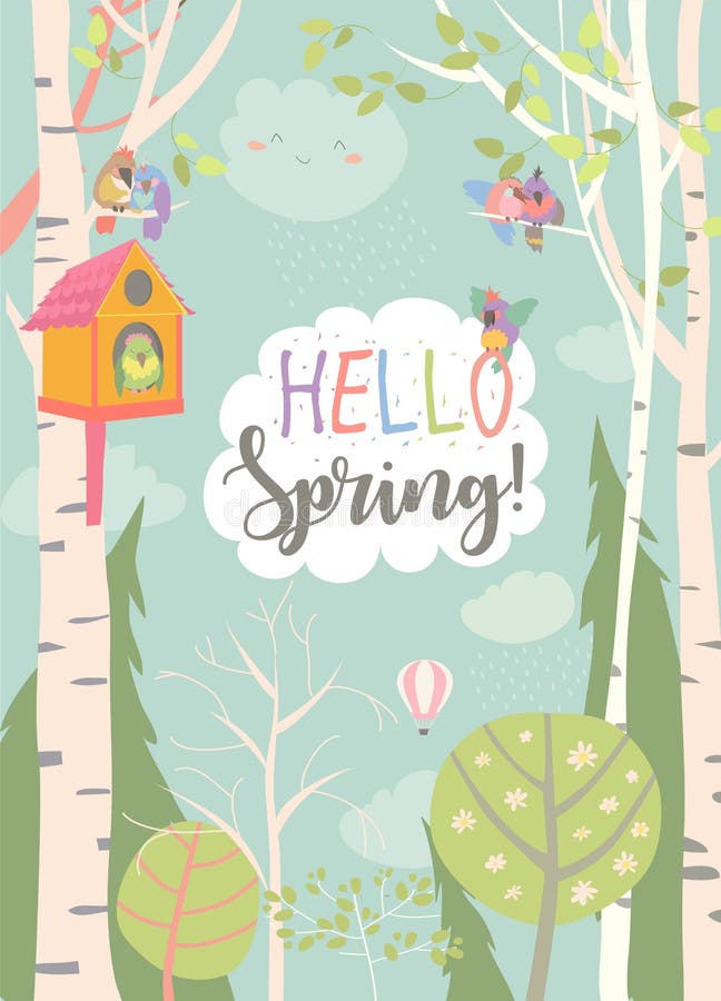 Cartoon Frame with Spring Forest and Birds Stock Vector - Illustration ...