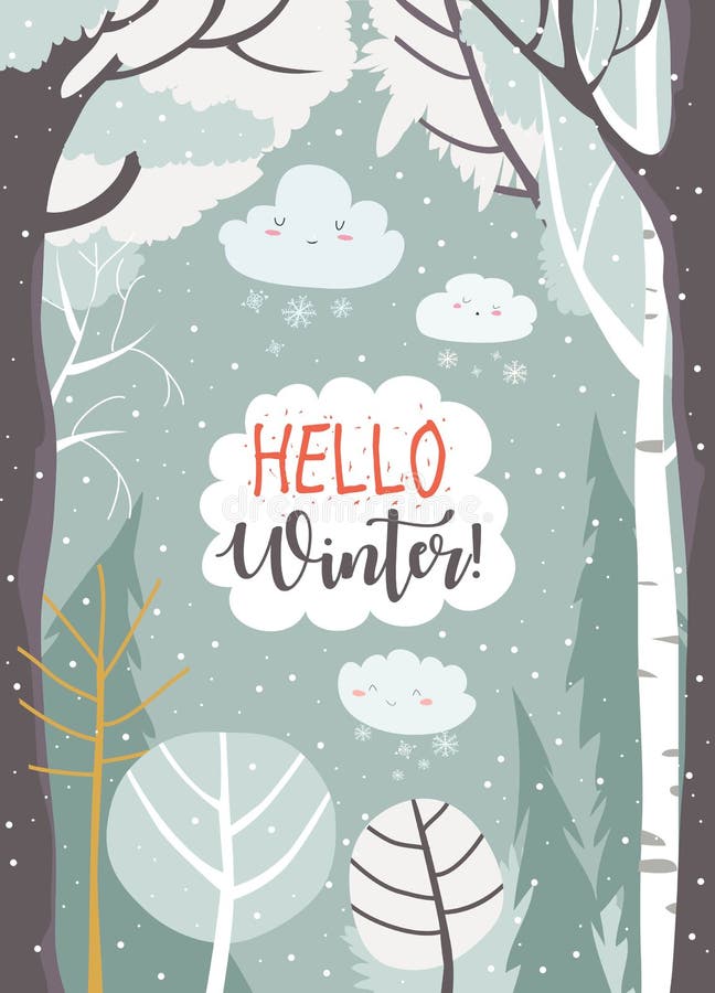 Cartoon Frame with Winter Forest. Hello Winter Stock Vector ...