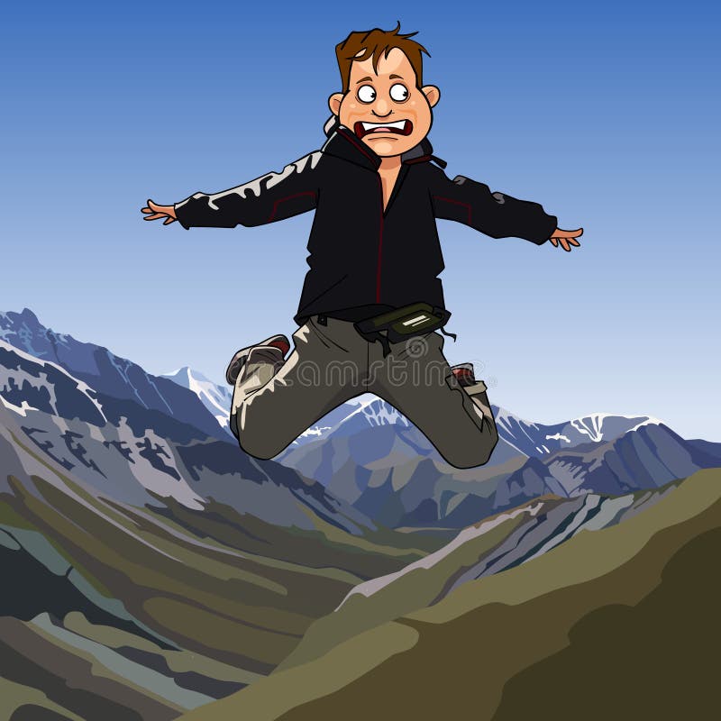 Cartoon Frightened Man Jumping on a Background of Mountains Stock ...