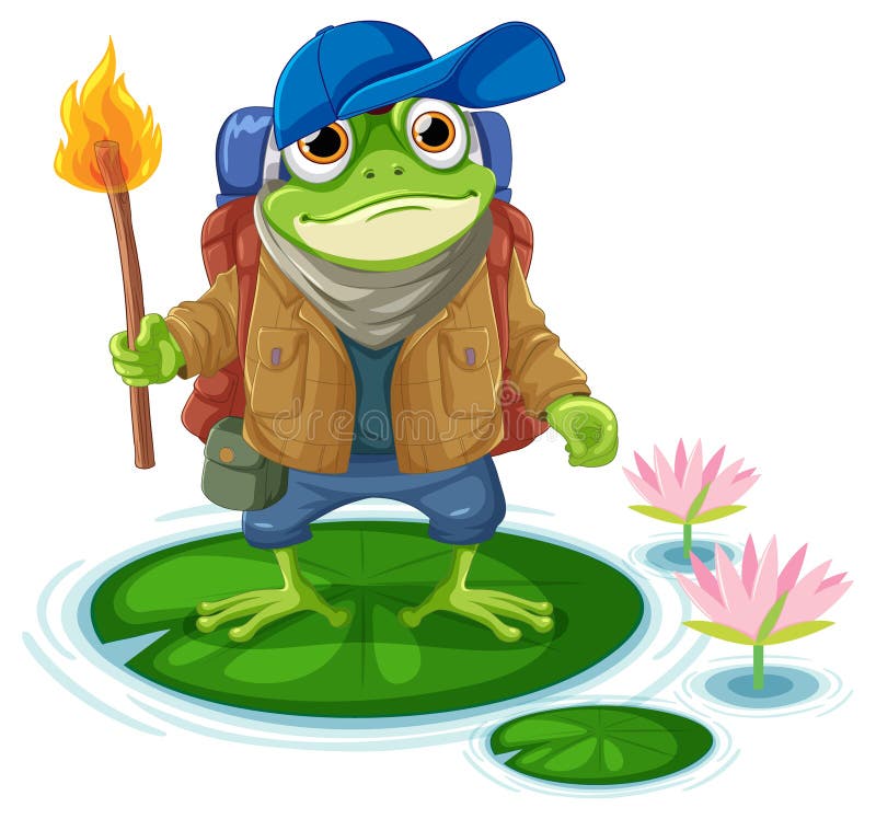A Frog with Backpack and Torch, Standing on Lily Pad Stock Vector ...
