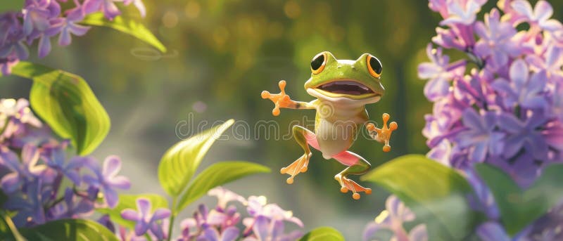 A Cartoon Frog Gleefully Leaping among Soft Lilac Blooms Capturing the ...