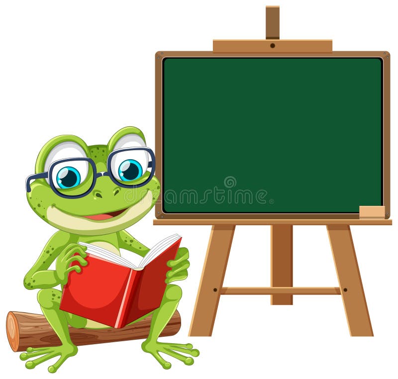 Frog Reading Book in Front of Chalkboard Stock Vector - Illustration of ...