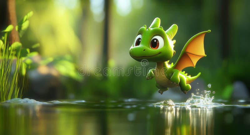 A Cartoon Frog Runs Over Water in a Green Forest Setting, Looking Cute ...