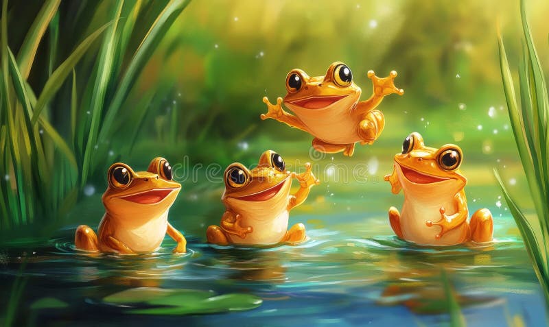 Cartoon of Frogs and Turtles Playing in the River Stock Photo - Image ...