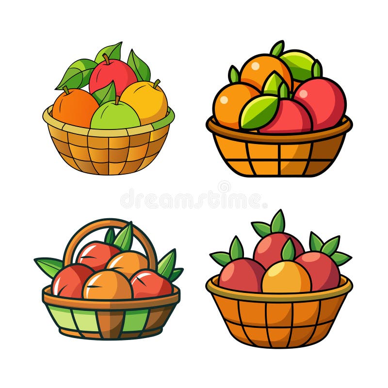 Cartoon Fruit Basket Full of Apples and Leaves Stock Vector ...