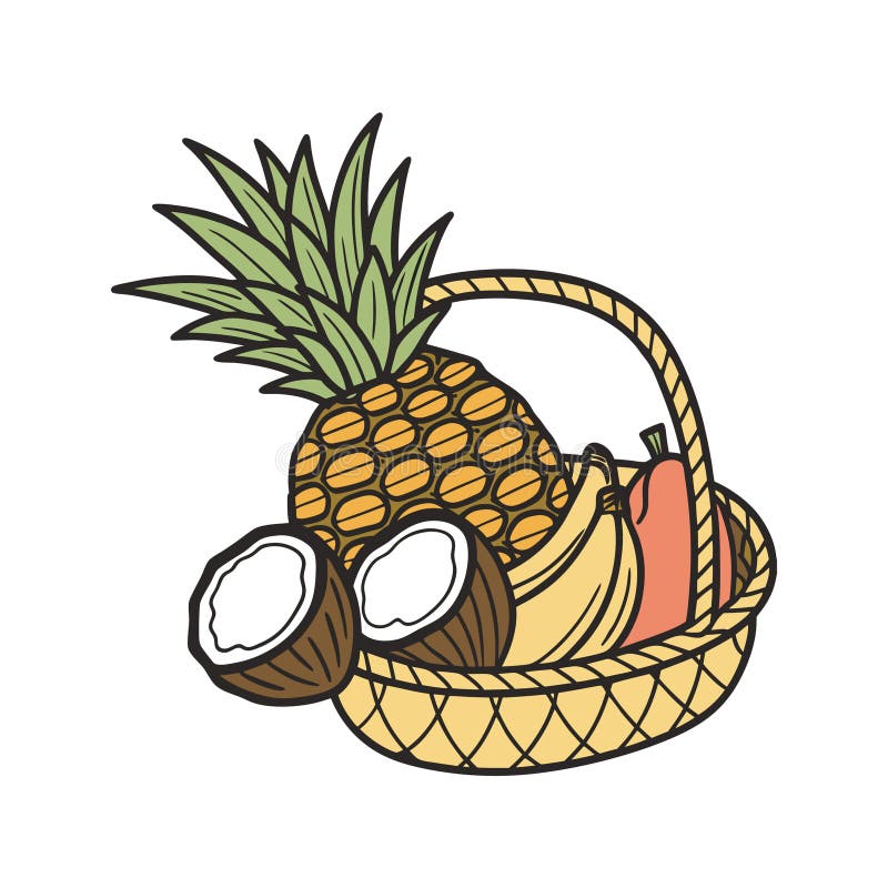 Cartoon Fruit Basket with Pineapple, Coconut, Bananas and Mango Stock ...
