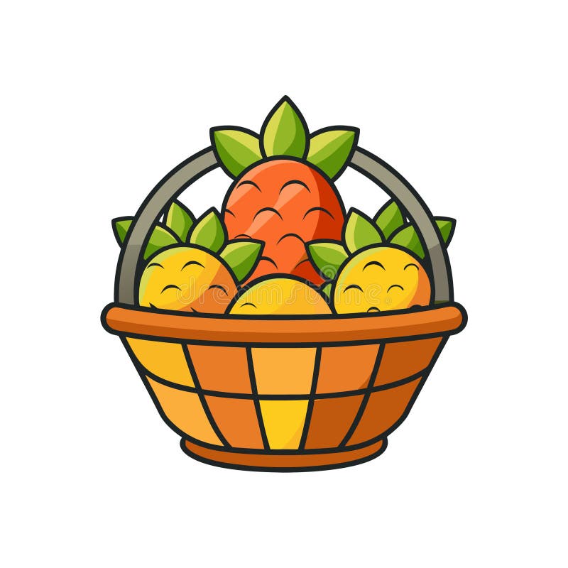 Cartoon Fruit Basket with Smiling Lemons and Mango Stock Illustration ...