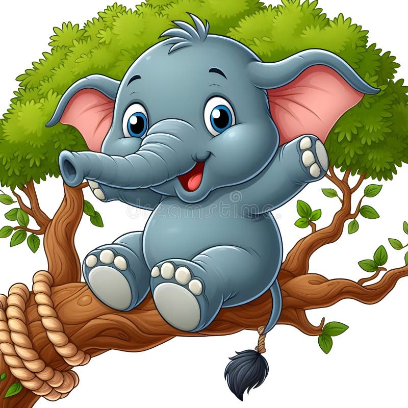 Cartoon Funny Elephant Playing on a Tree Branch Stock Illustration ...