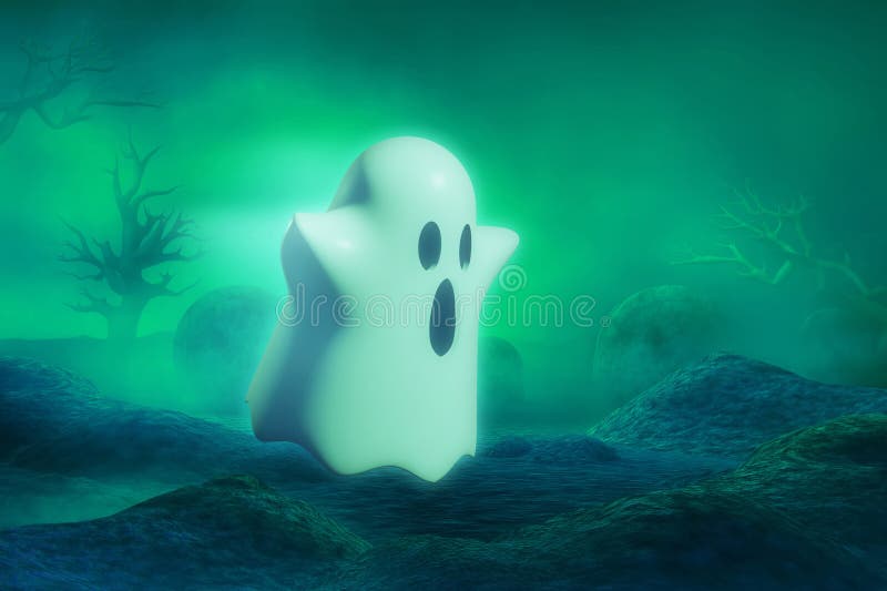 Cartoon Funny Flying White Ghost Sheet on Graveyard Cemetery 3d ...