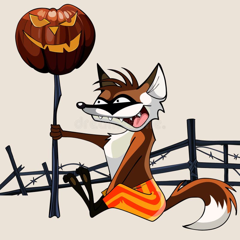 Cartoon Funny Fox Holding a Halloween Pumpkin on a Stick Stock Vector ...