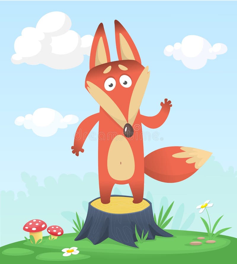 Cartoon Funny and Happy Fox Standing on the Summer Meadow on the Tree ...