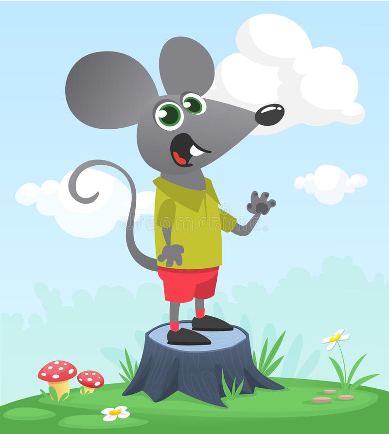 Cartoon Funny and Happy Mouse Standing on the Summer Meadow on the Tree ...