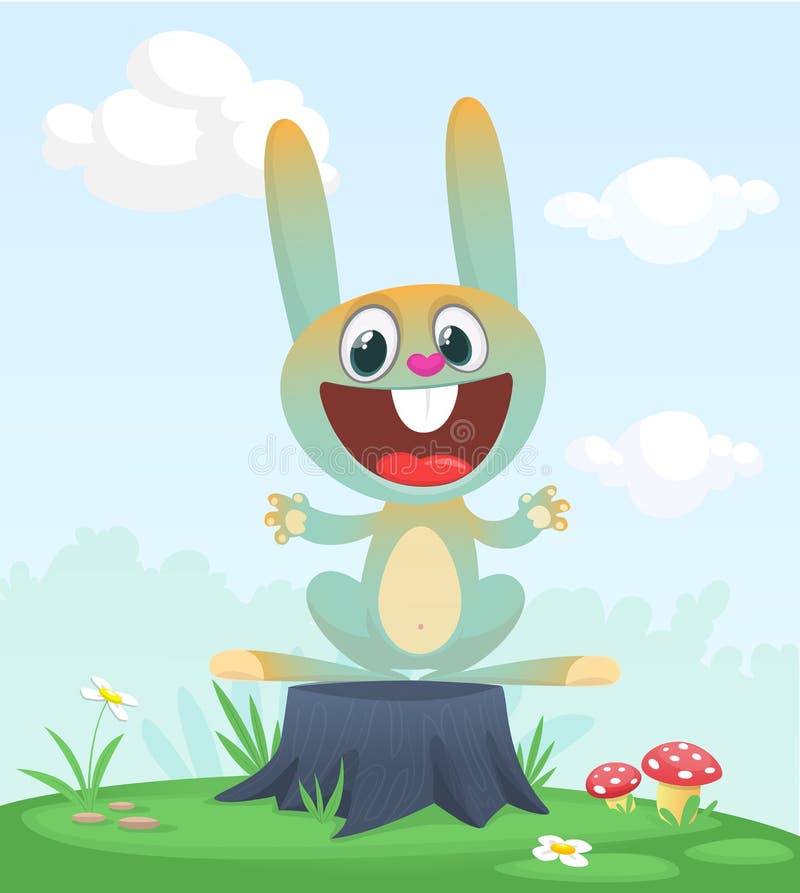 Cartoon Funny and Happy Rabbit Standing on the Summer Meadow on the ...