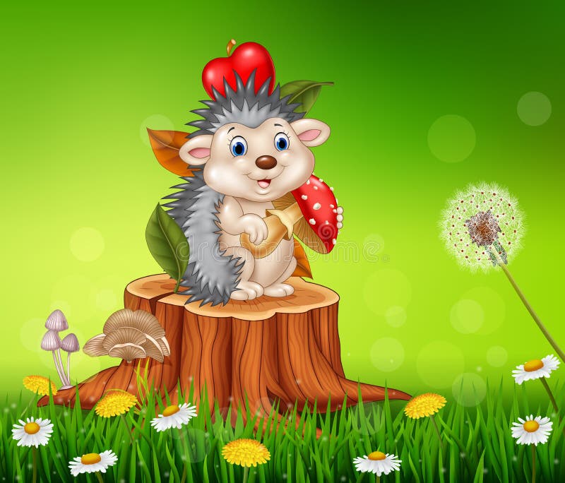 Cartoon Funny Hedgehog Sitting on Tree Stump Stock Vector ...