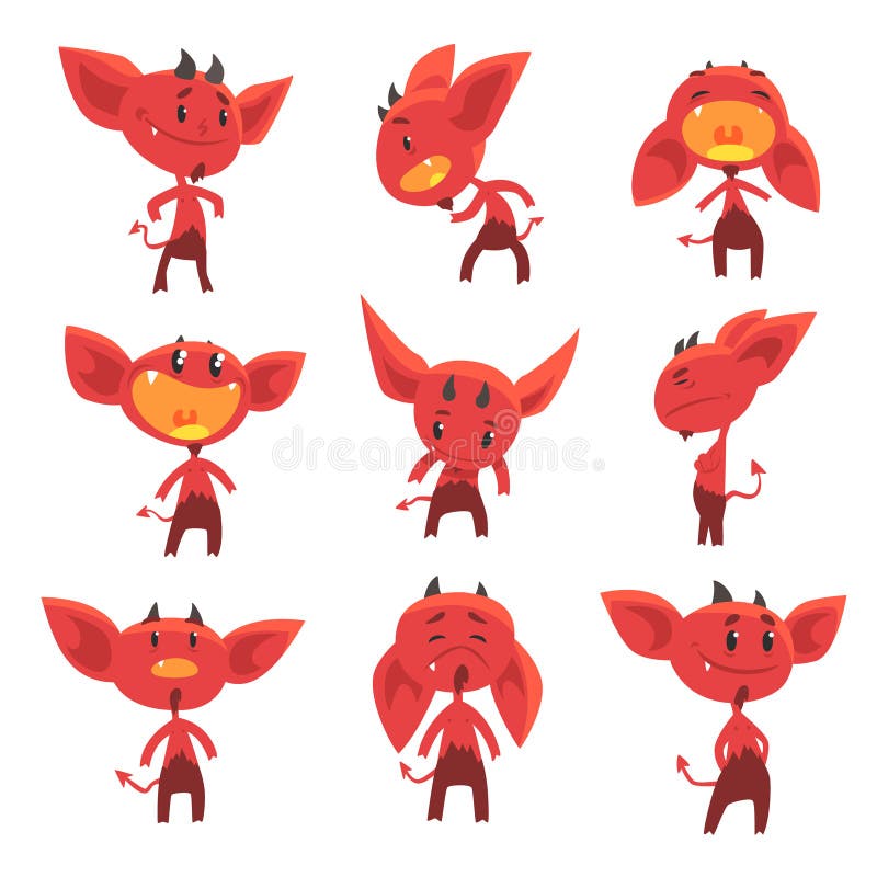 Cartoon Funny Red Devil Characters with Different Emotions Set of ...