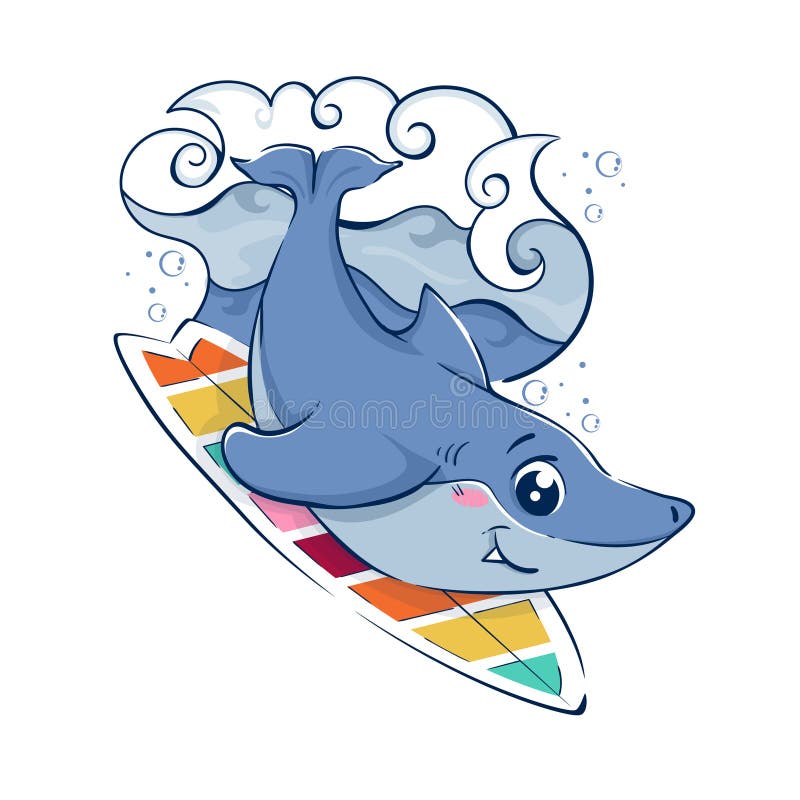 Cartoon Funny Shark is Surfing on the Wave Stock Vector - Illustration ...
