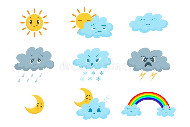 Cute Emotional Weather Icon Set Stock Vector - Illustration of moon ...