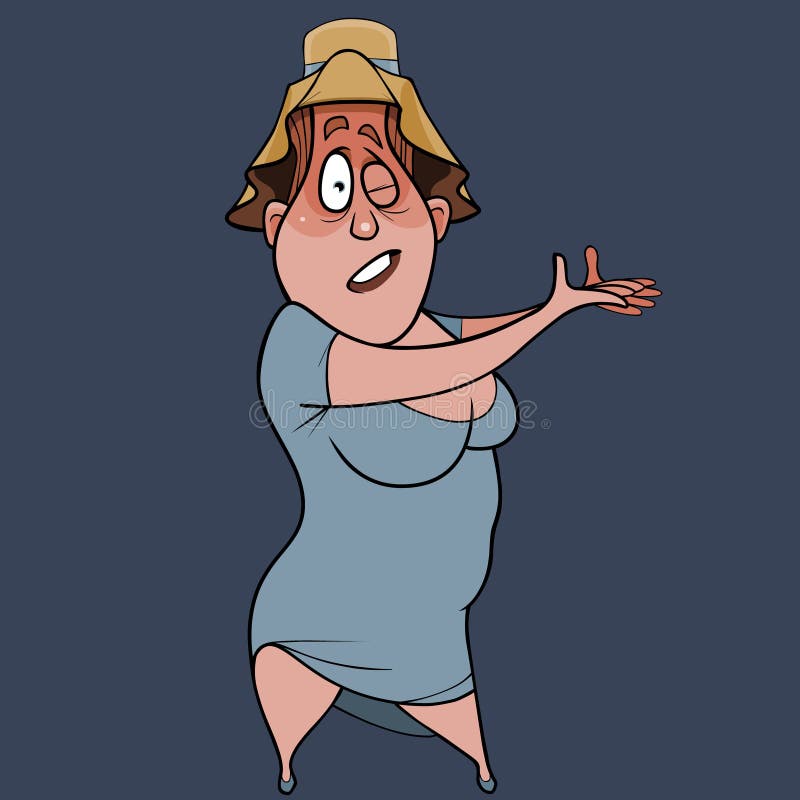 Cartoon Funny Woman in a Hat in Despair Points with Her Hands in Front ...