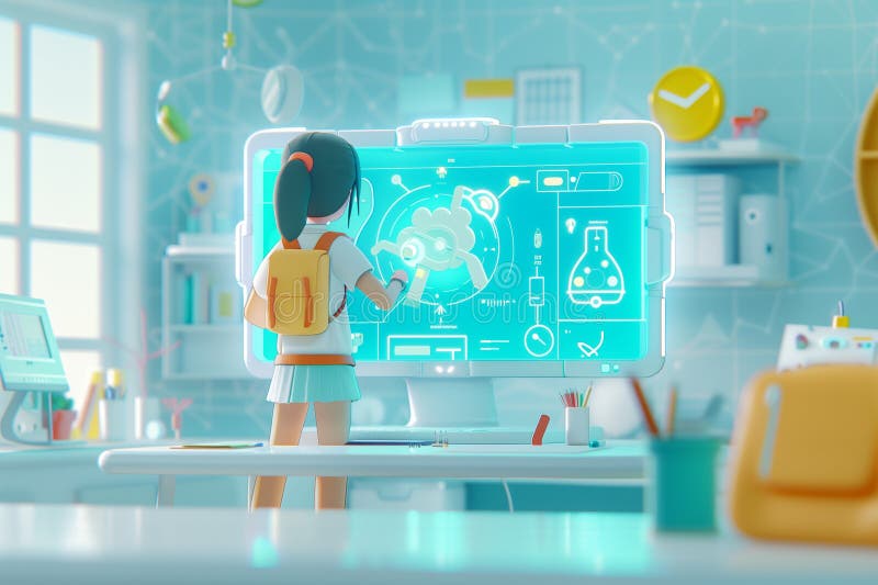 Cartoon Futuristic Girl Interacts with Digital Screen Interface ...