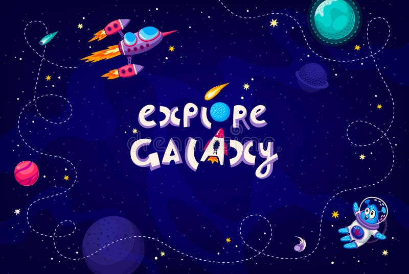 Cartoon Galaxy Space Background with Rocket Path Stock Vector ...