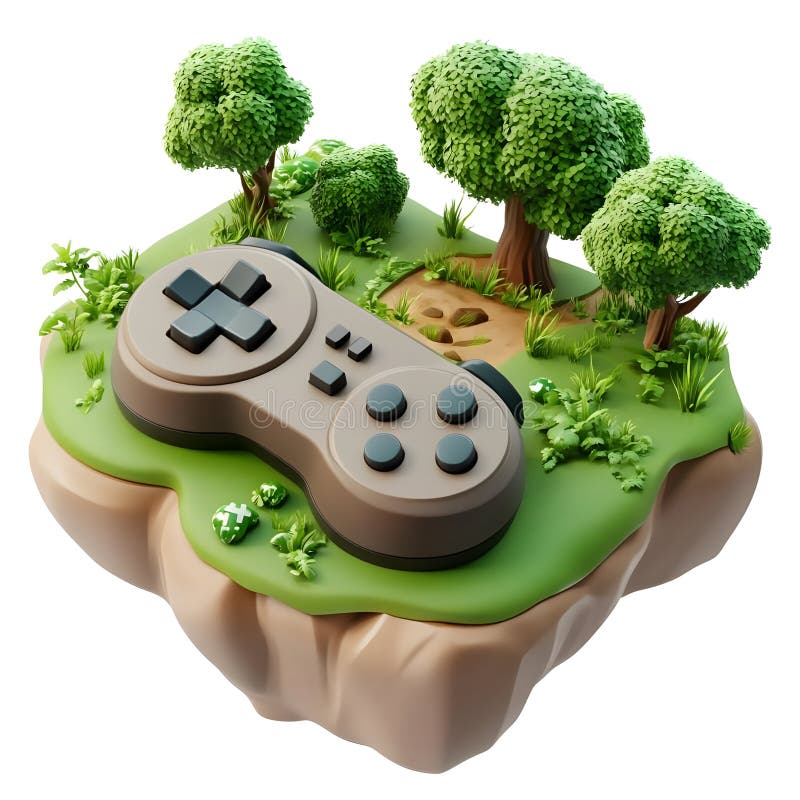 Cartoon Game Controller on a Floating Island with Green Grass Brown ...