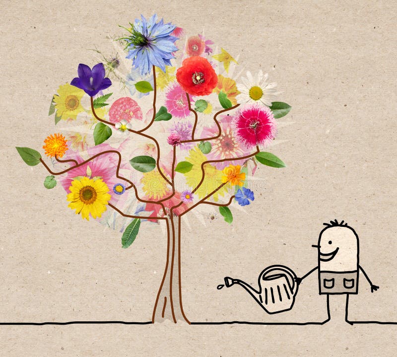 Cartoon Gardener Watering a Flowering Tree Stock Illustration ...