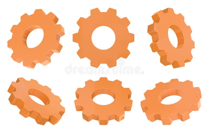 Cartoon Gears Set. Isolated Orange Cogwheels. 3D Rendering. Stock ...