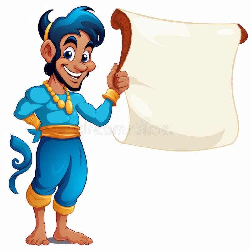 Cartoon Genie Holding Blank Scroll Paper, Vector Illustration Stock ...