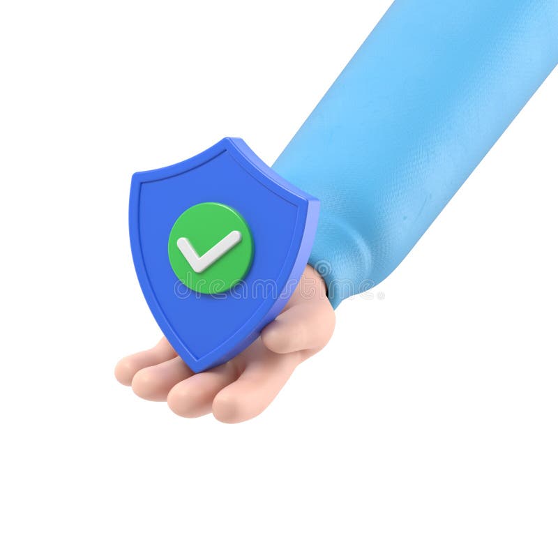 Cartoon Gesture Icon Mockup.3D Hand Holding Security Shield and Padlock ...