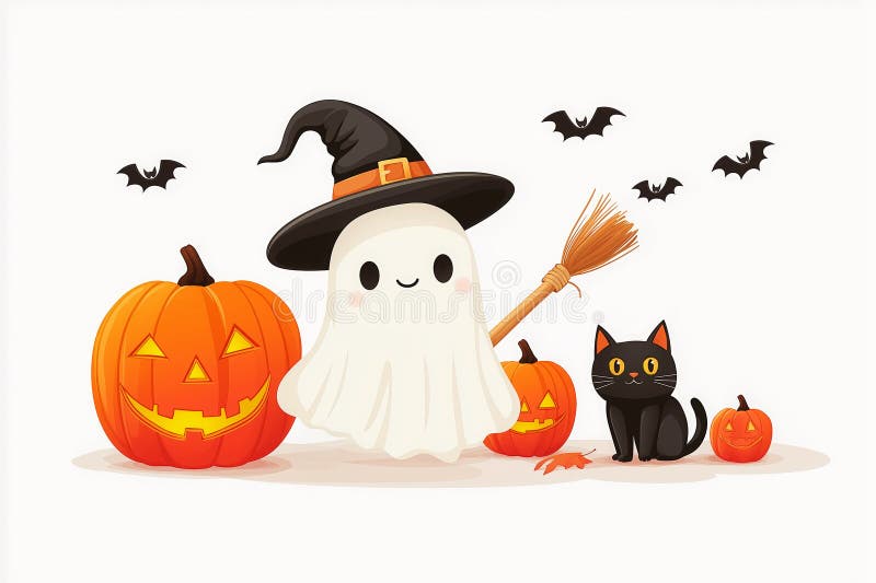 Cartoon Ghost with Broom, Halloween Pumpkins, Bats and Black Cat Stock ...
