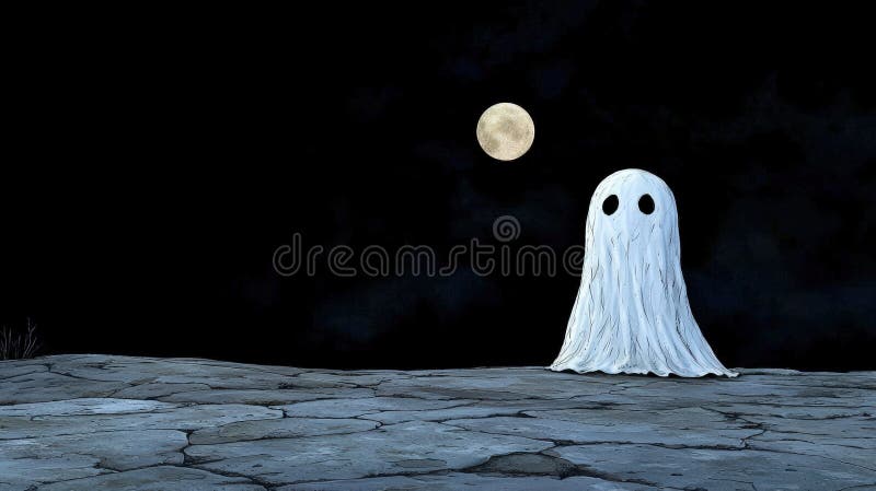 A Cartoon Ghost Figure Under a Full Moon on a Desolate Landscape Stock ...