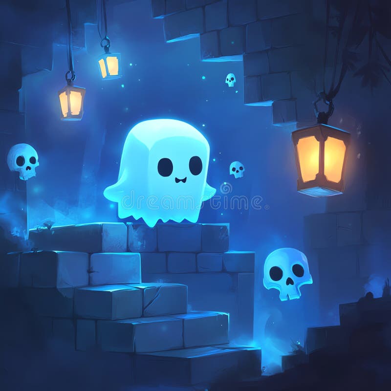 Cartoon Ghost Floating Past the Wall, Creepy Atmosphere with Lantern ...
