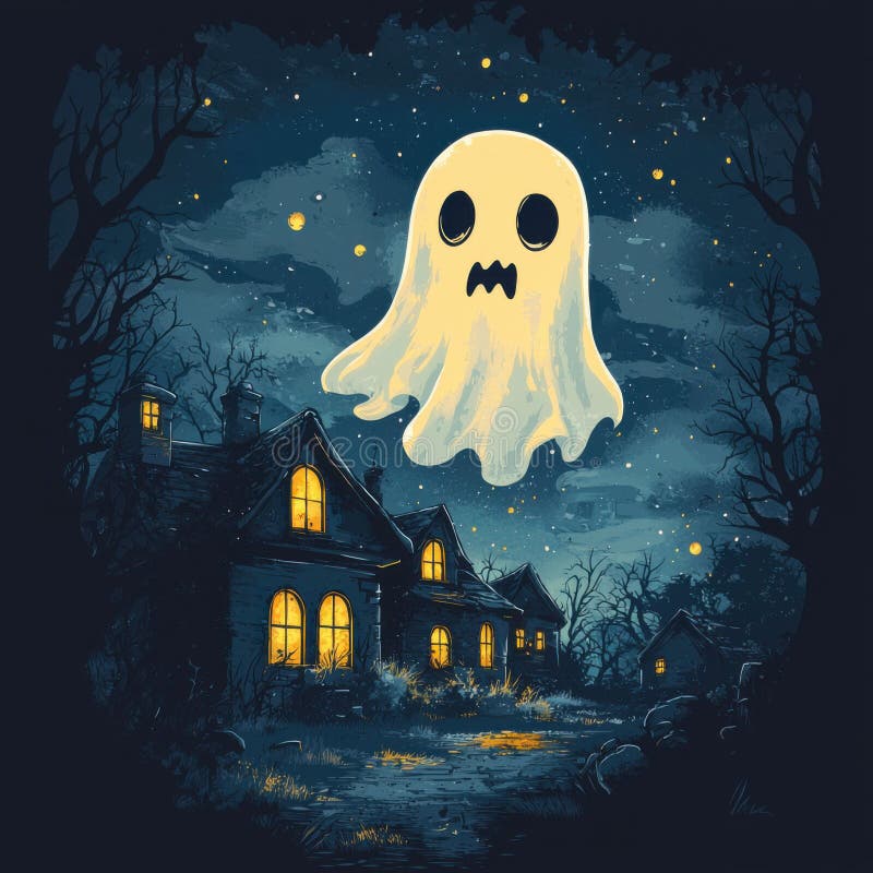 Cartoon Ghost Floats Above Haunted House Under Starry Night Sky Stock ...