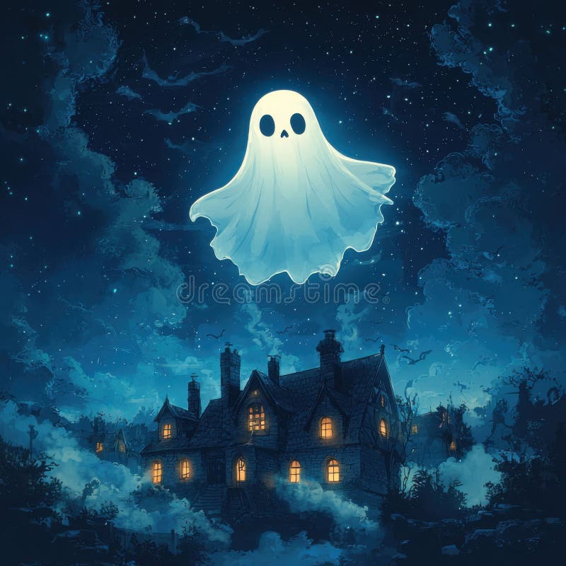 Cartoon Ghost Floats Above Haunted House Under Starry Sky Stock ...