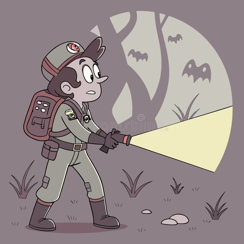 Cartoon Ghost Hunter in Spooky Forest with Flashlight and Bats â ...