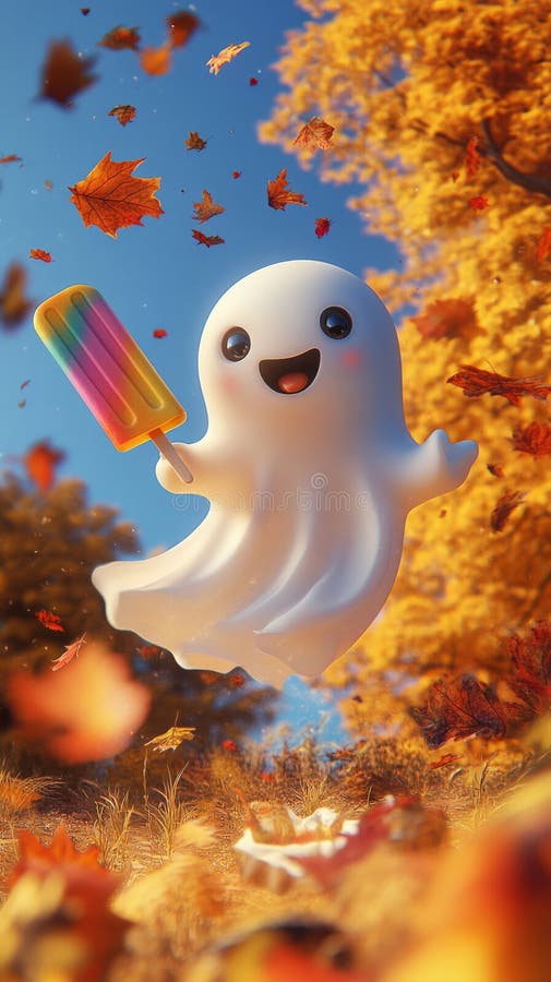 Cartoon Ghost with Popsicle in Autumn Scene, Whimsical and Playful ...