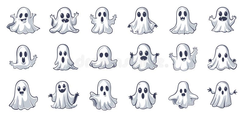 Cartoon Ghosts in Different Poses. Simple Vector Illustration on White ...