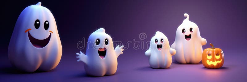 Cartoon Ghosts with Expressive Faces beside a Glowing Pumpkin Stock ...