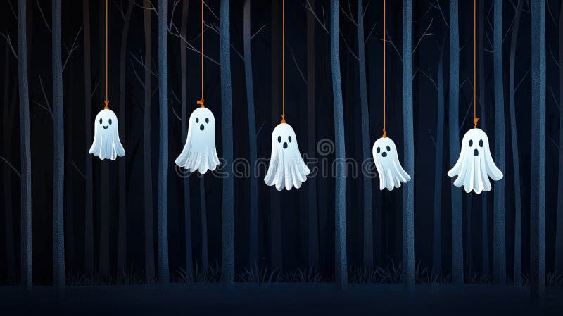 Cartoon Ghosts Hanging in a Spooky Forest at Night Creating an Eerie ...