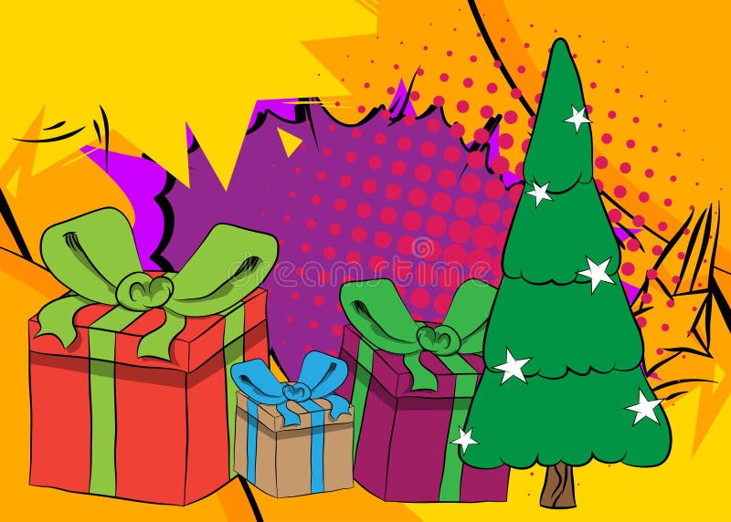 Cartoon Gift Box and Christmas Decorated Pine Tree, Comic Book ...