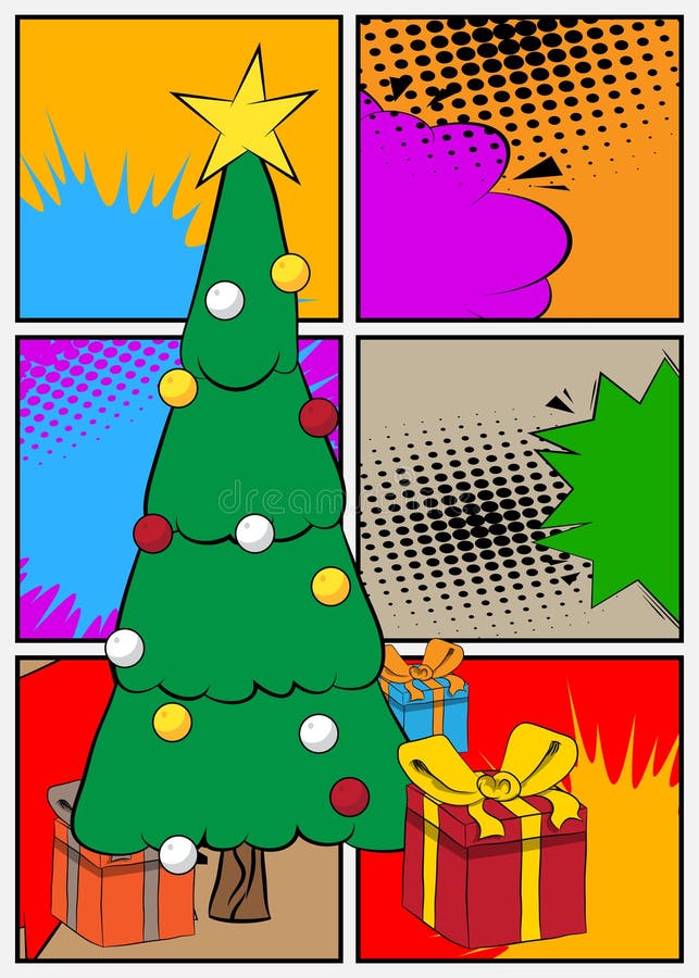 Cartoon Gift Box and Christmas Decorated Pine Tree, Comic Book ...