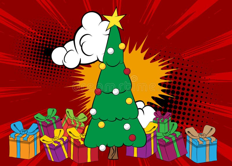 Cartoon Gift Box and Christmas Decorated Pine Tree, Comic Book ...