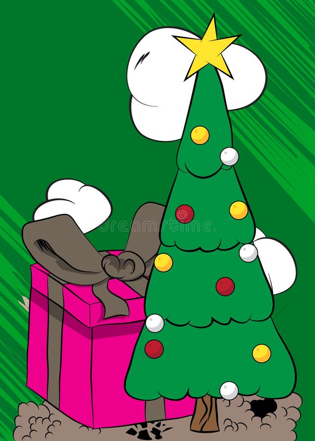 Cartoon Gift Box and Christmas Decorated Pine Tree, Comic Book ...