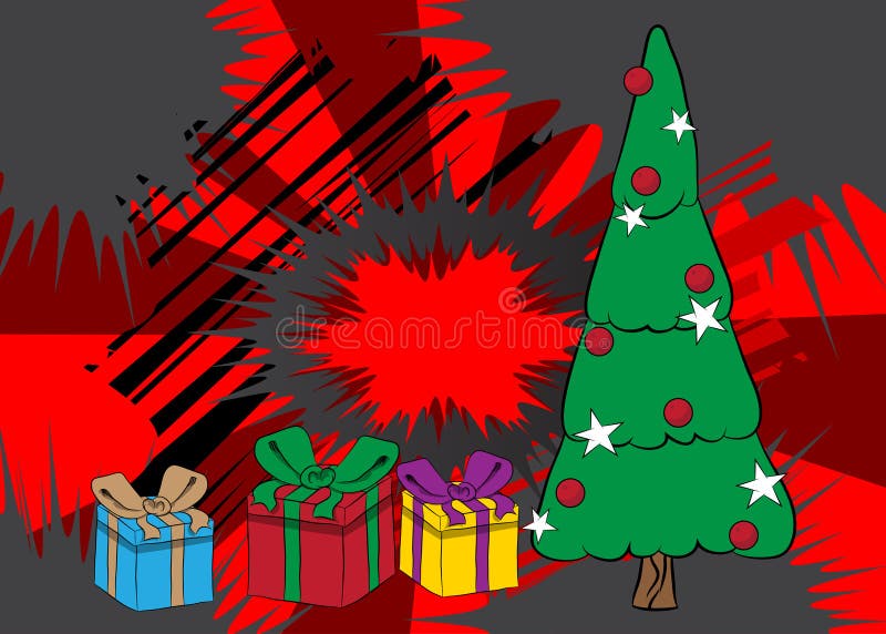 Cartoon Gift Box and Christmas Decorated Pine Tree, Comic Book ...